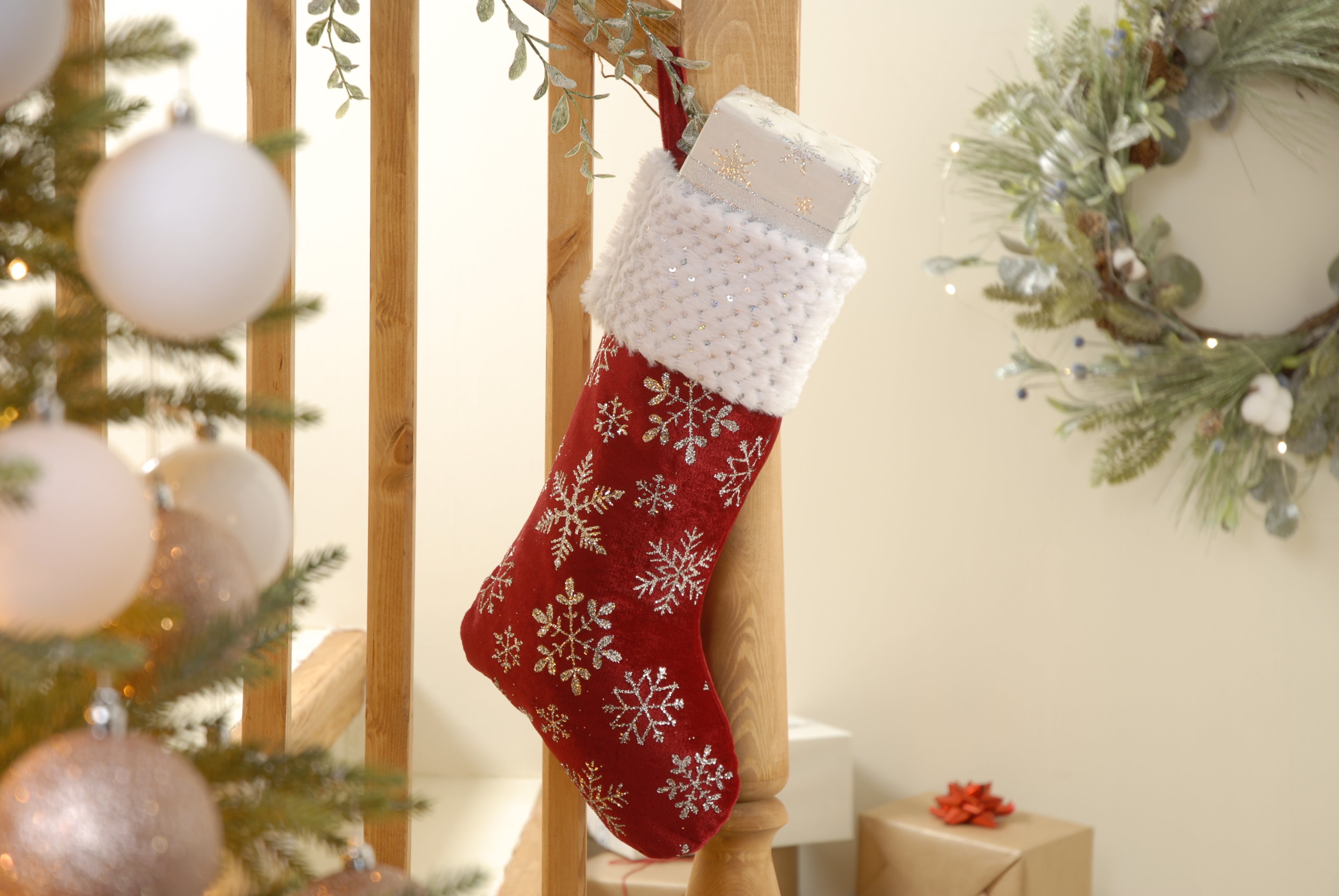 Burgundy Stocking with Silver Snowflakes | Pines and Needles