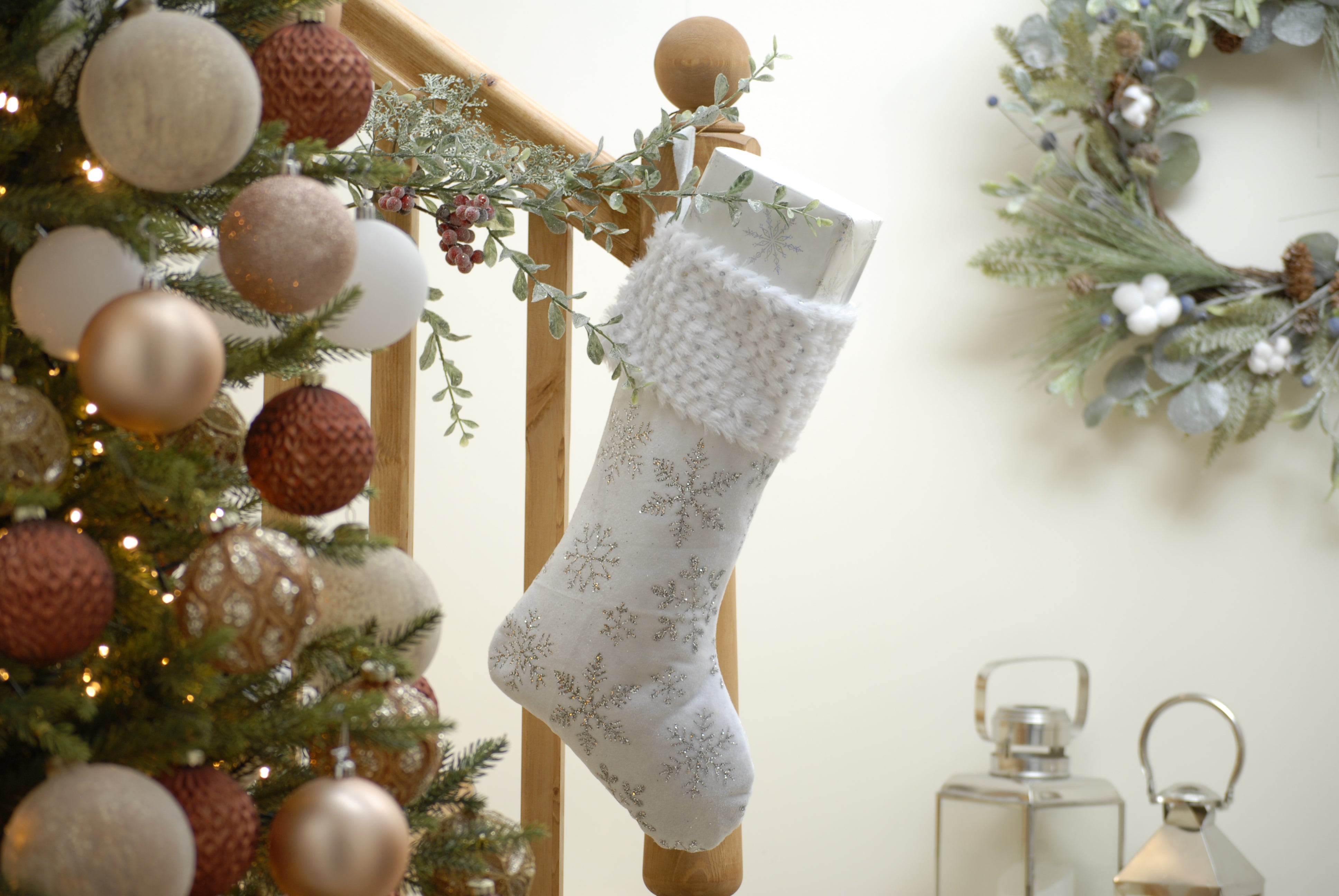 White Stocking with Silver Snowflakes | Pines and Needles